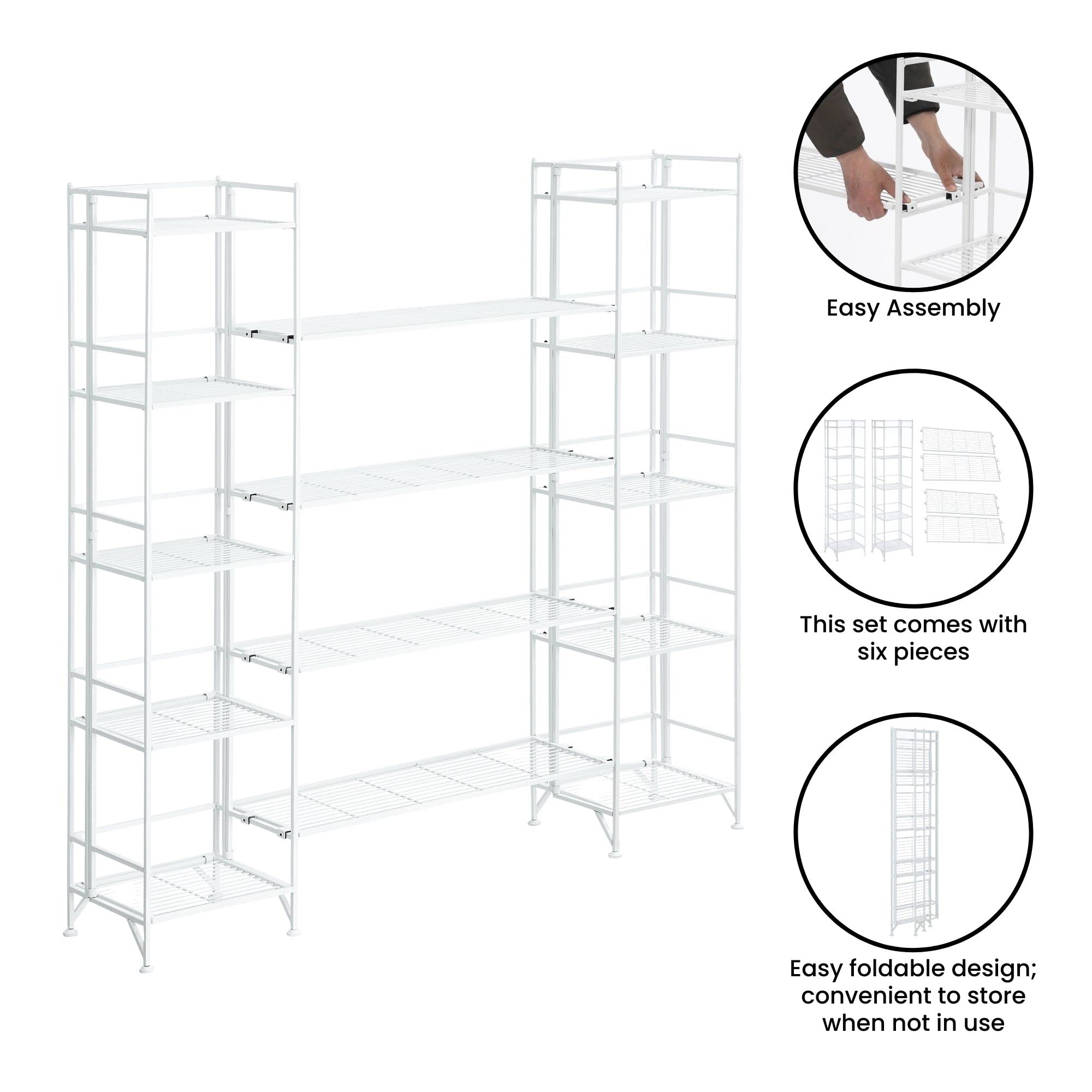 Convenience Concepts Xtra Storage Shelves - 5 Tier Folding Metal Shelving with Set of 4 Deluxe Extension Shelves - Modern Shelves for Storage and Display in Living Room, Bathroom, Office, White