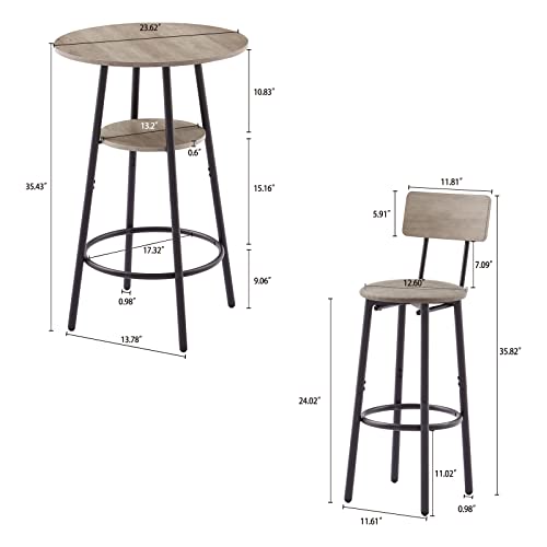 CUANBOZAM 3-Piece Bar Table Set for 2, Small 2-Tier Round Bistro Pub Dining Table & PU Upholstered Stools with Backrest, Counter Height Table and Chairs Set for Kitchen Small Space, Grey