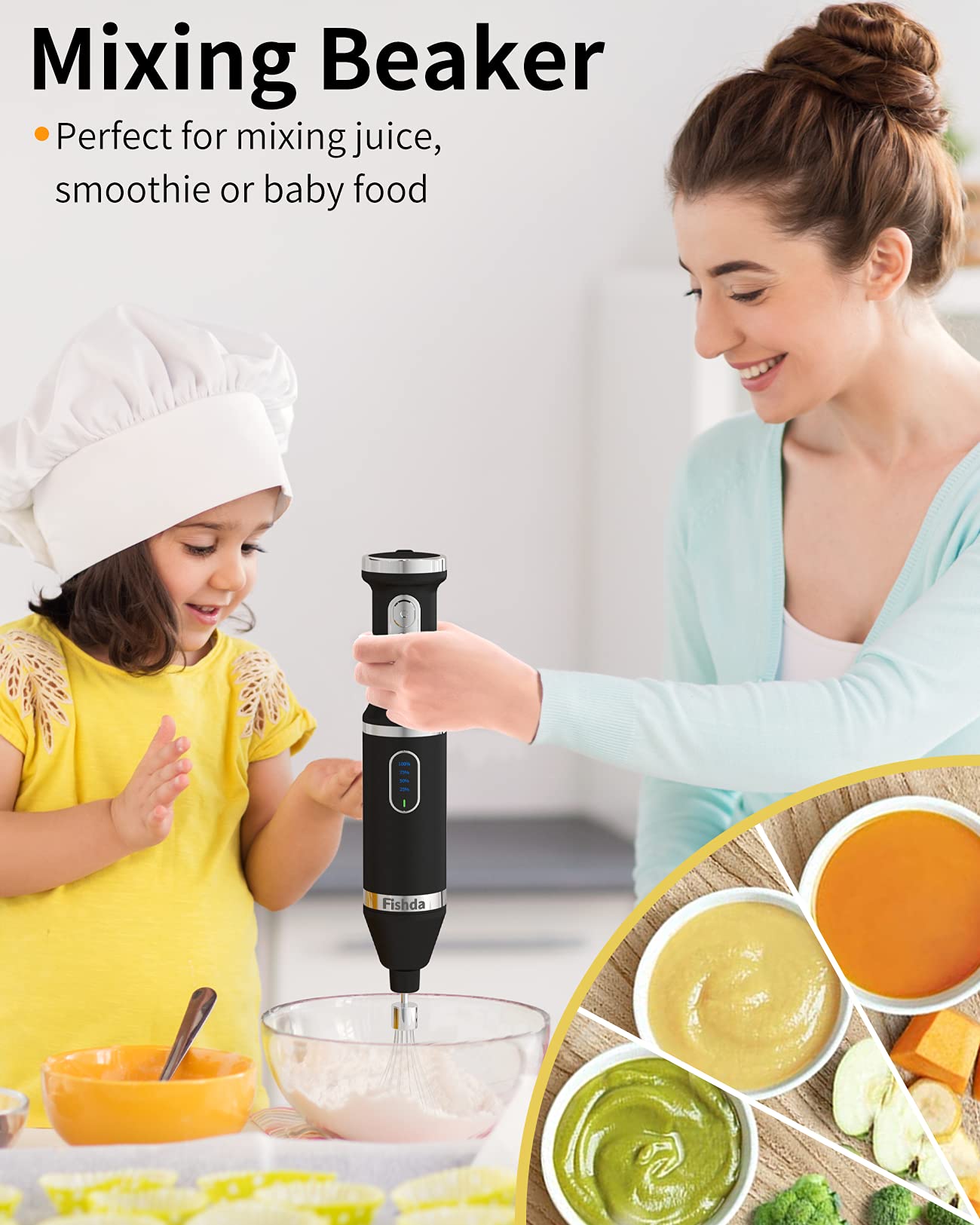 Cordless Hand Blender,Immersion Multi-Functional Hand Blender,4-In-1 Variable Speed Rechargeable,with Beaker,Food Chopper,Egg Whisk,for Baby Food, Smoothies, Sauces-Black