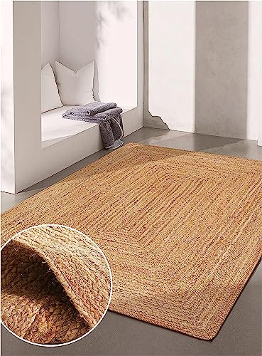 KEMA Jute Braided Area Rug, 8x10 Feet (96x120 Inches) - Rustic Vintage Braided Reversible Rectangular Rug, Shag Rugs for Bedroom, Jute Kitchen Rug, Living Room, Floor