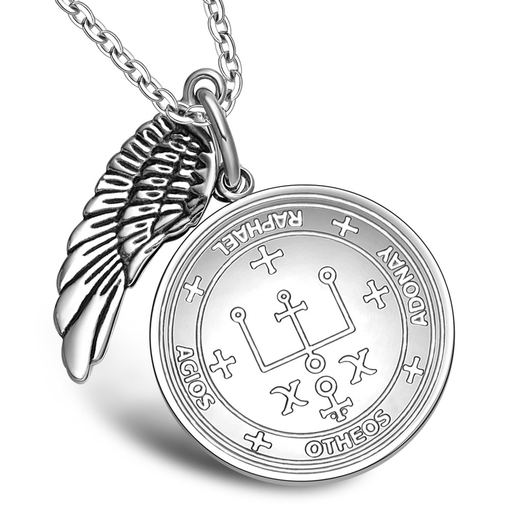 Archangel Raphael Sigil Amulet Magic Powers Angel Wing Charm Green Quartz Pendant 18 Inch Necklace