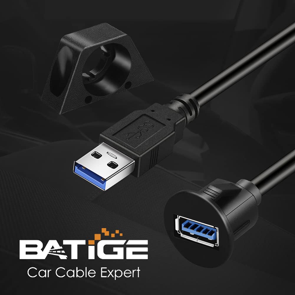 BATIGE 2 Pack Small USB 3.0 Male to Female AUX Flush Panel Mount Extension Cable for Car Truck Boat Motorcycle Dashboard 3ft