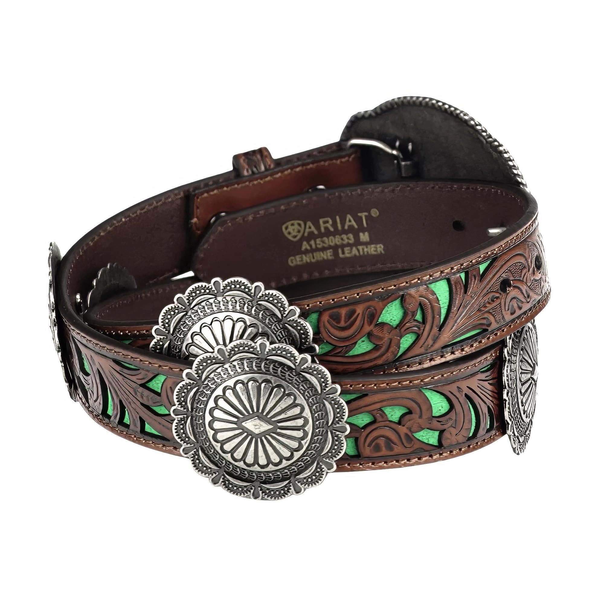 ARIAT Women's Western Belt, Turquoise with Tan Floral Embossed Strap, Silver Conchos, 1-1/4" Width, X-Large (42" Waist)