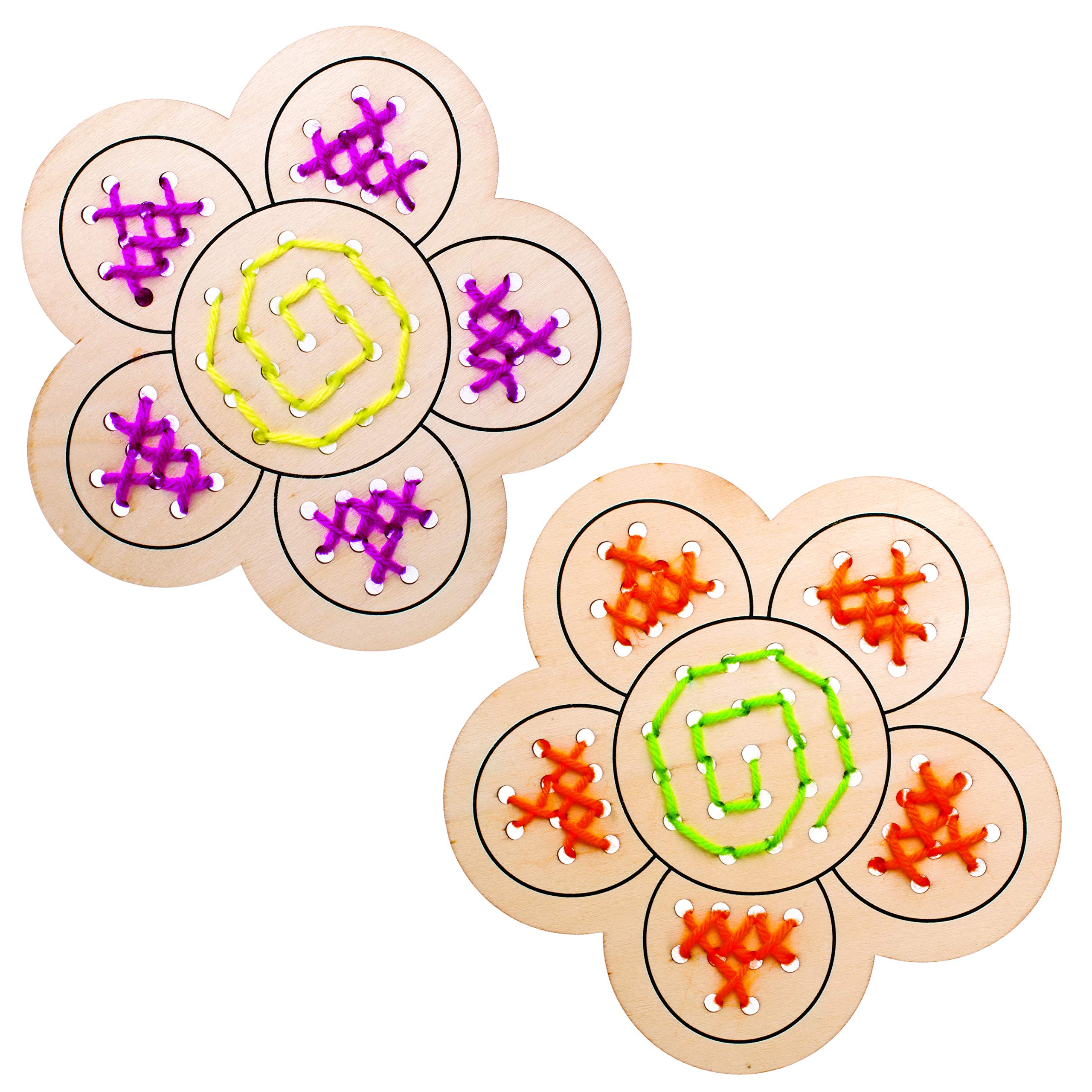 Baker Ross AT378 Flower Wooden Threading Kits, Pack of 4, Wood Template and Bright Colored Wool for Children Arts and Craft