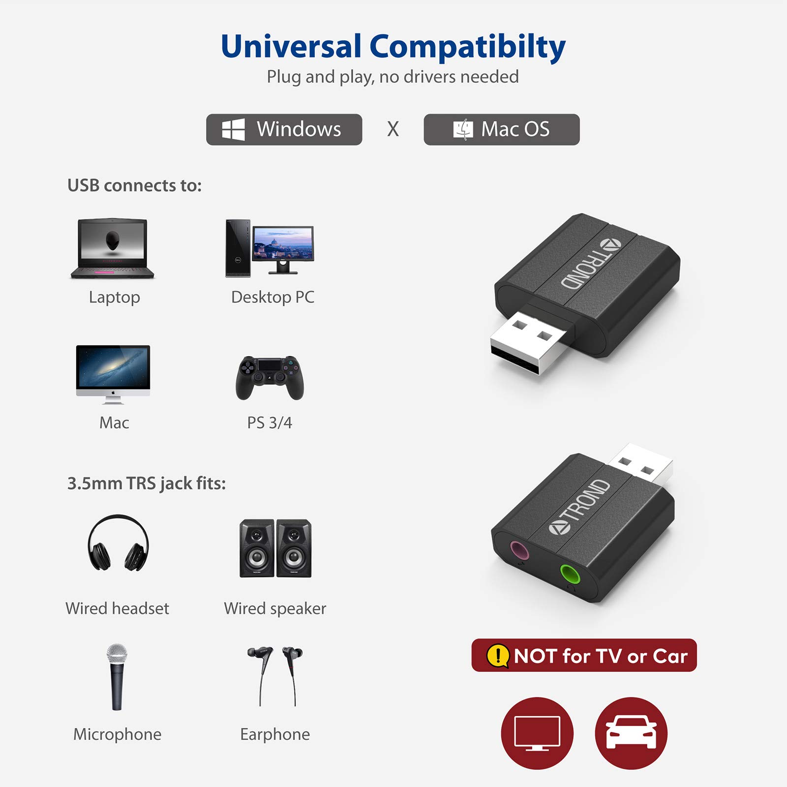 TROND Aluminum External USB Audio Adapter Sound Card with 3.5mm Stereo Headphone and Mono Microphone Jacks, C-Media CM100B Chipset, Compatible with PS5 PS4 Windows Mac Linux PC Laptop Desktop, Black