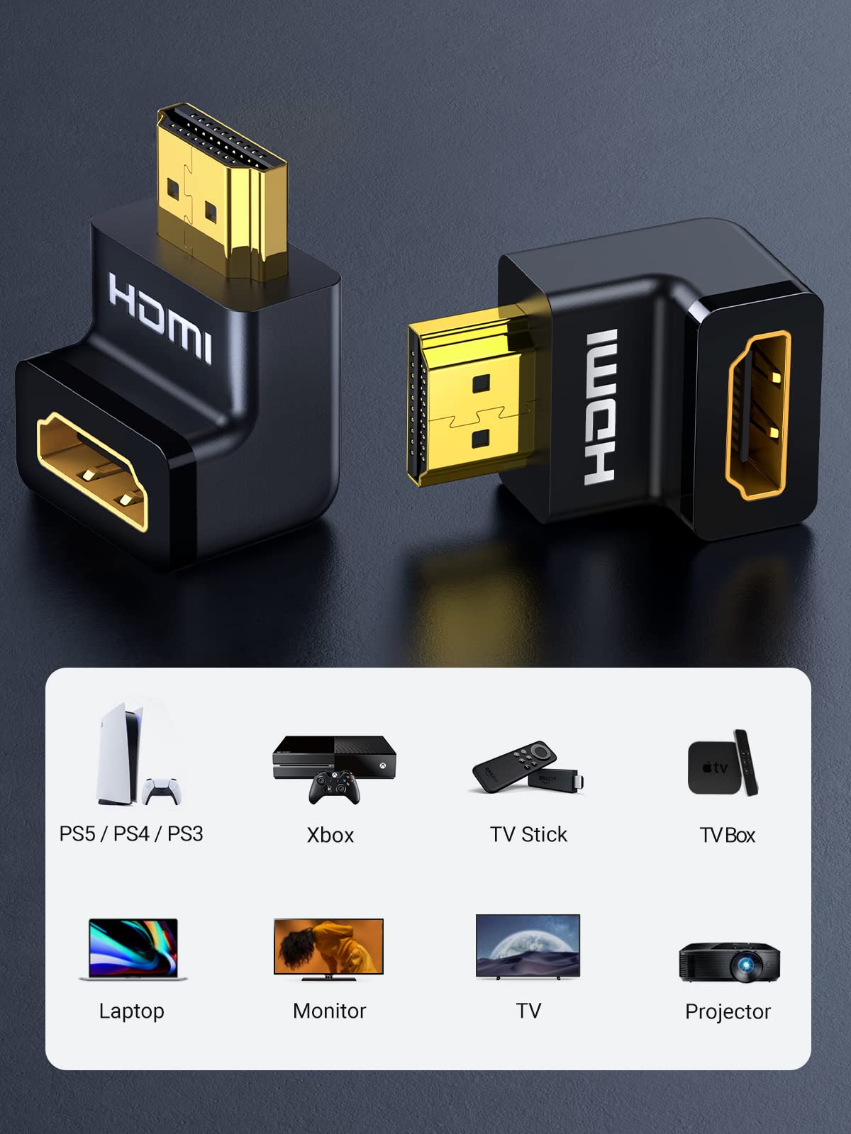 UGREEN 2 Pack HDMI Adapter Right Angle 90 Degree Gold Plated HDMI Male to Female Connector Supports 3D 4K HDMI Extender for TV Stick Roku Stick Chromecast Xbox PS4 PS3 Nintendo Switch