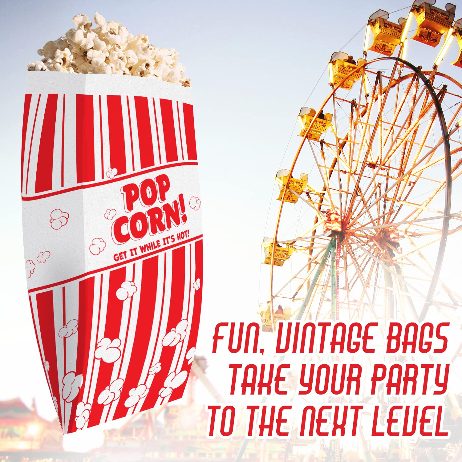 Retro, Grease Resistant Popcorn Bags 25 Pack. Single Serving 1oz Paper Sleeves in Nostalgic Red/White Design Movie Theme Party and Old Fashioned Carnivals & Fundraisers Old School Supplies
