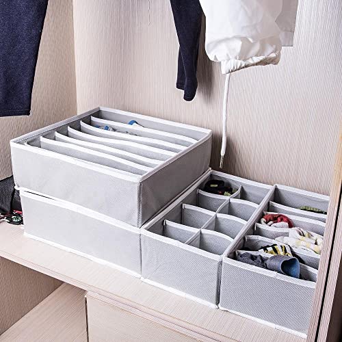 CozyCat Underwear Drawer Organizer Dividers for Bra and Socks 4-pack, Foldable Underware Drawer Organizers, Clothing Storage Boxes, Suit for Lingerie, Bras, Socks, Ties. (6+7+8+24 cell), Gery