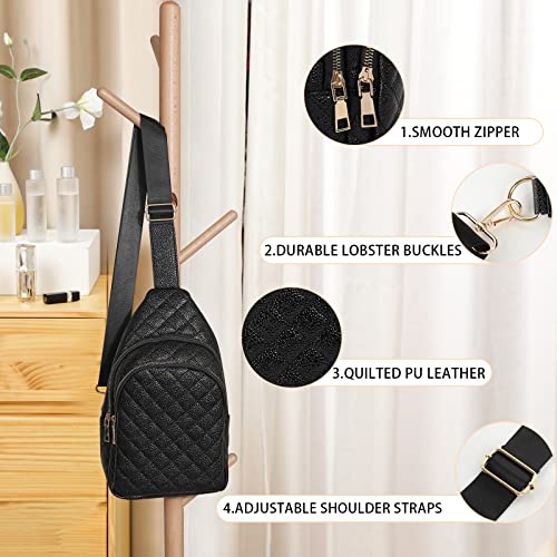 EMBRUNIOICE PU Leather Sling Bag for Women Quilted Crossbody Sling Backpack for Cycling Hiking Travel(Black)