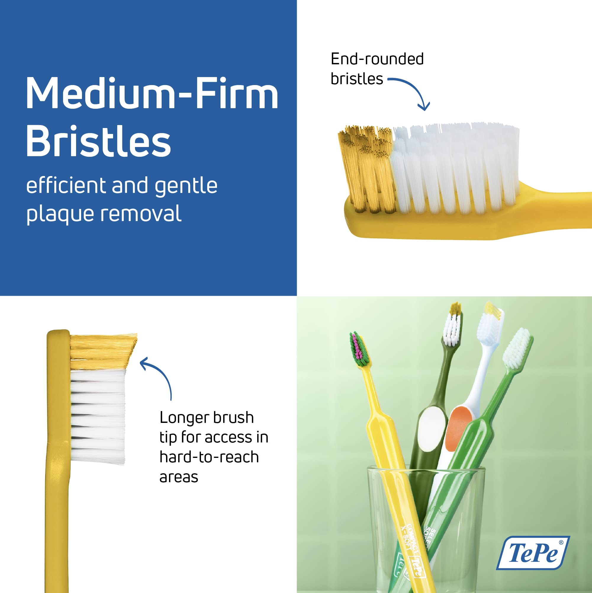 TEPE Nova Medium Firm Toothbrush for Adults with Tapered Head, Angled Neck, and Thumb Grip, Pack of 1