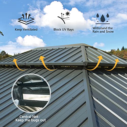 Domi 12’ x 14’ Hardtop Gazebo Canopy Outdoor Aluminum Gazebo, Galvanized Steel Double Roof with Curtains and Netting for Deck, Backyard, Patio, Garden