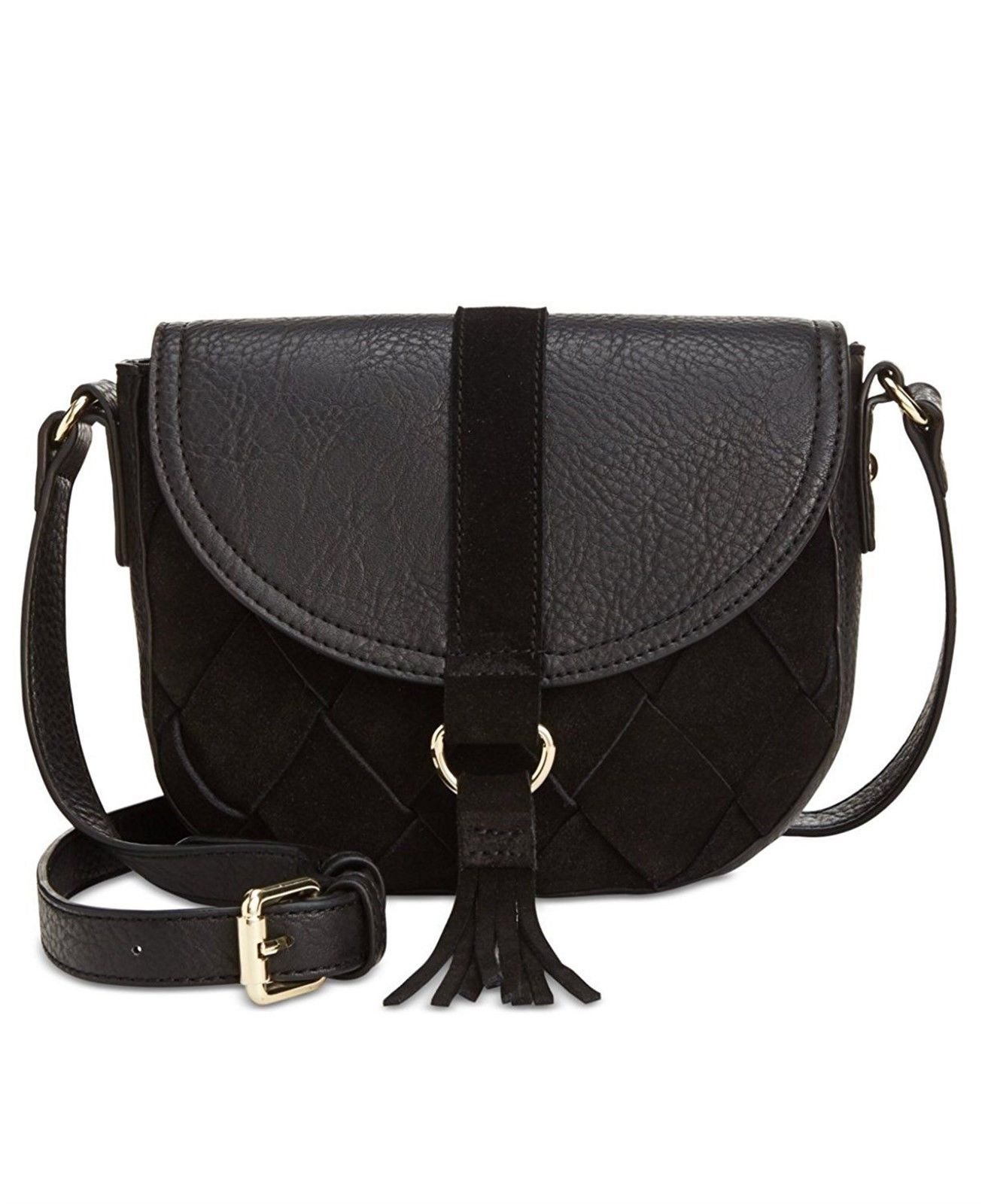 INC Womens Ella Leather Trim Tassel Saddle Handbag Black Small
