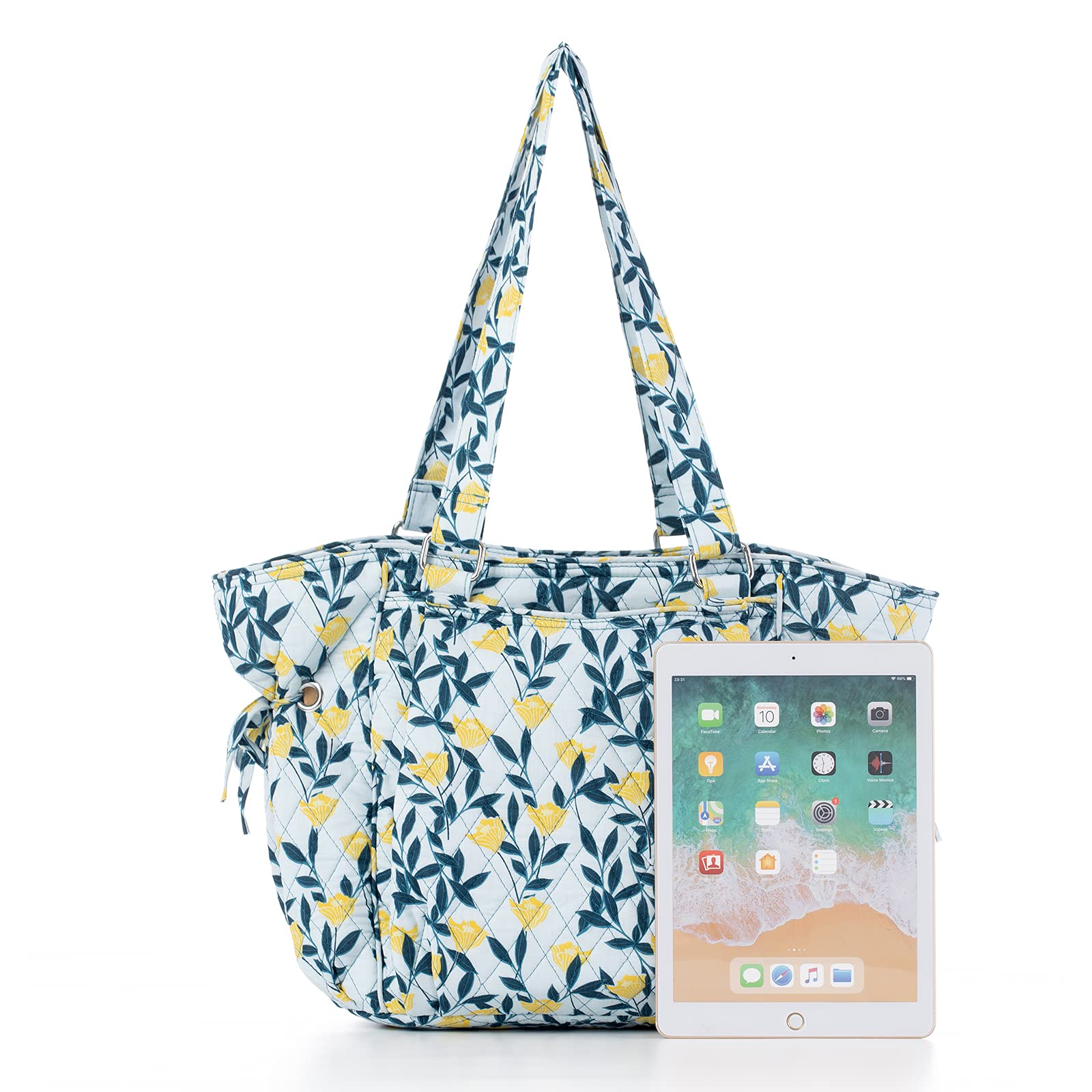 Magou Quilted Tote Bag for Women Signature Cotton Shoulder Bag Lightweight Handbag for Shopping Workout