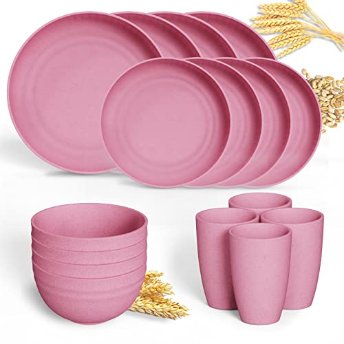 KEWOO Unbreakable Wheat Straw Dinnerware Sets of 4, 16Pcs Reusable Dinnerware Set,Lightweight Microwave Dishwasher Safe,Plates, Cups, Bowls for r Party, Picnic, Camping, Dorm (Pink)