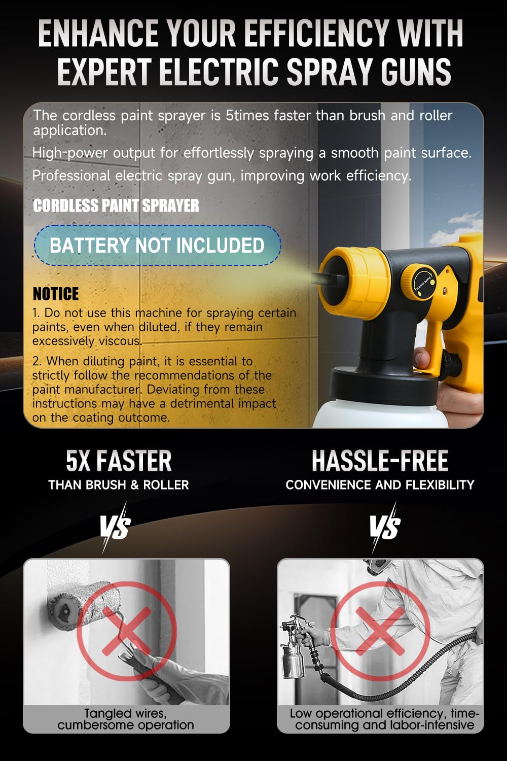 Cordless Paint Sprayer for DeWo1t 20V Max Battery (Battery NOT Included),No Battery HVLP Spray Paint Gun Yellow