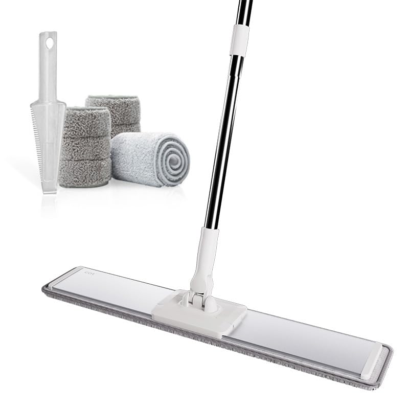 CQT Commercial Flat Microfiber Floor Mop Cleaning System 20" Inch Wet Dry and Dust Hardwood with 4 Washable Pads Cleaner for Laminate Tile Stainless Steel Handle and Extension (PT15 New)