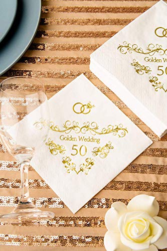 Crisky 50th Wedding Anniversaray Napkins Golden Cocktail Beverage Napkins, 50th Wedding Anniversary Decorations for Candy Cake Table, 50 Pcs, 3-ply