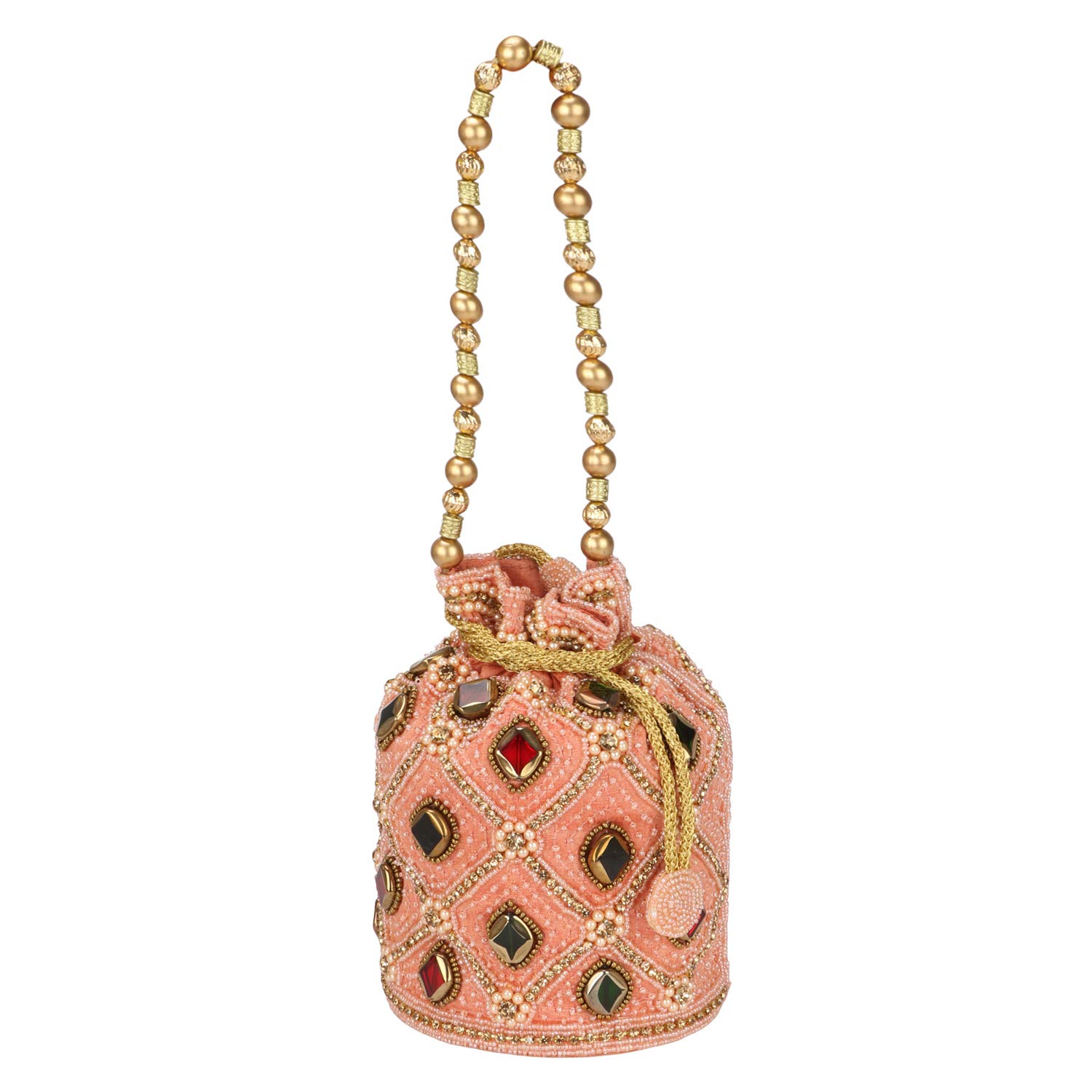 Indian Ethnic Clutch Silk Potli Batwa Pouch Bag with Beadwork Gift For Women (Peach)