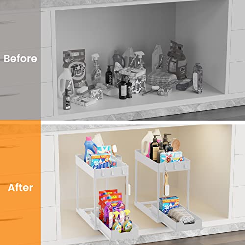 EWU Under Sink Organizers and Storage, 2 Tier Under Sink Organizer with Sliding Storage Drawer, Multi-purpose Storage Shelf for Kitchen Bathroom Bedroom with Hanging Cup and 5 Hooks, White