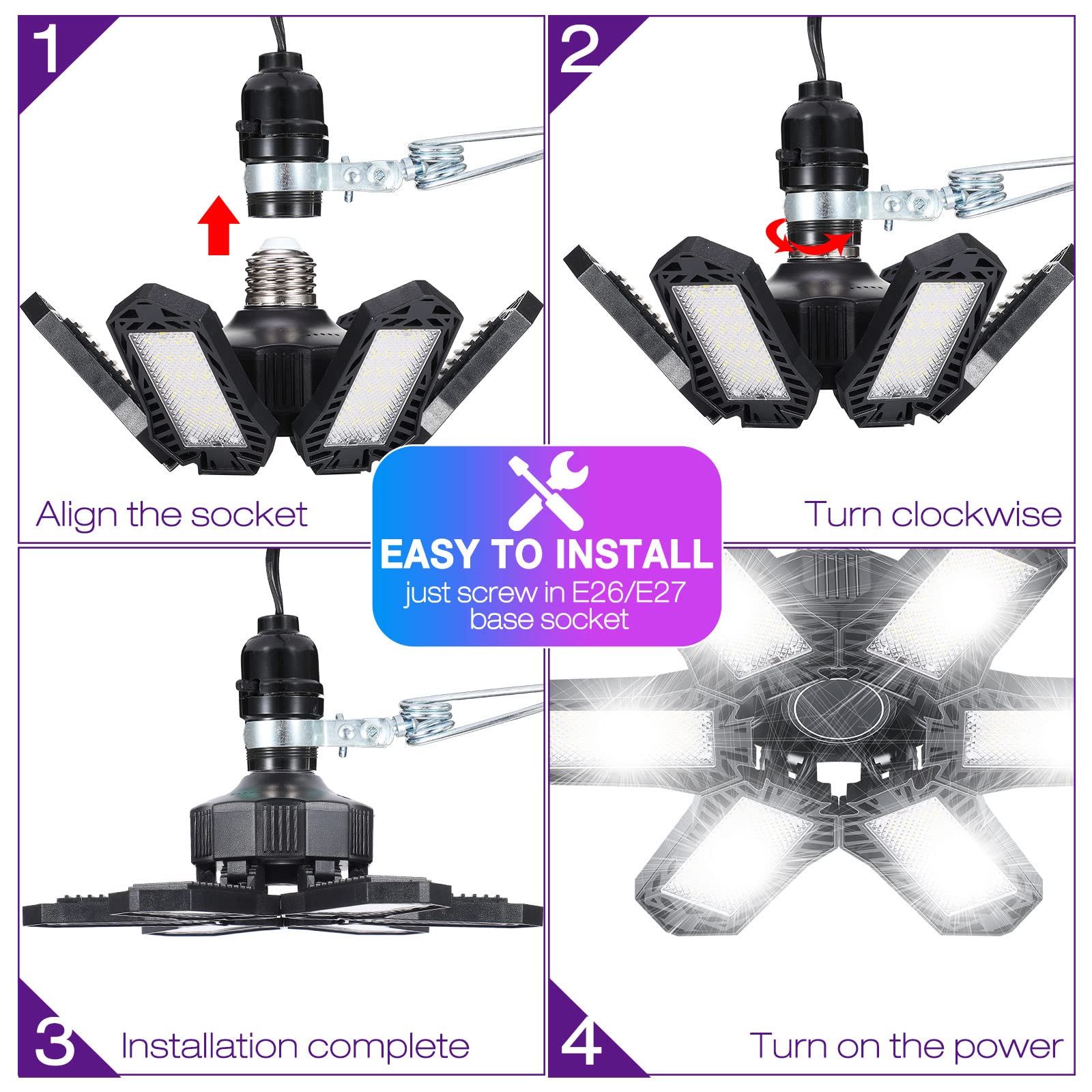 Retisee 6 Pcs LED Garage Lights 120w Deformable LED Garage Ceiling Lights with Adjustable Panels E26/E27 LED Garage Lights Bulb 12000lm Shop Lights for Garage Workshop Basement High Bay Light