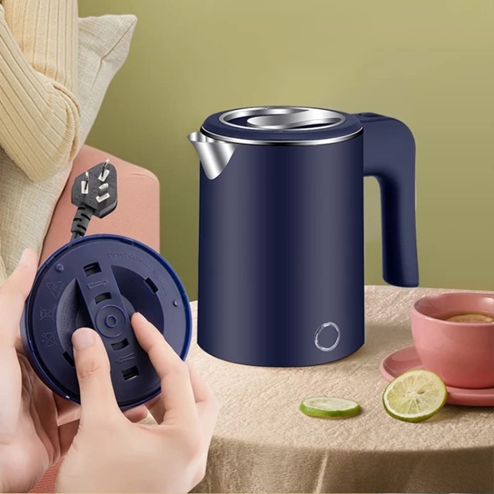 Small Electric Kettles Stainless Steel for Boiling Water, 0.6L Travel Mini Hot Water Boiler Heater, Double Wall Cool Touch Portable Kettle (Blue)