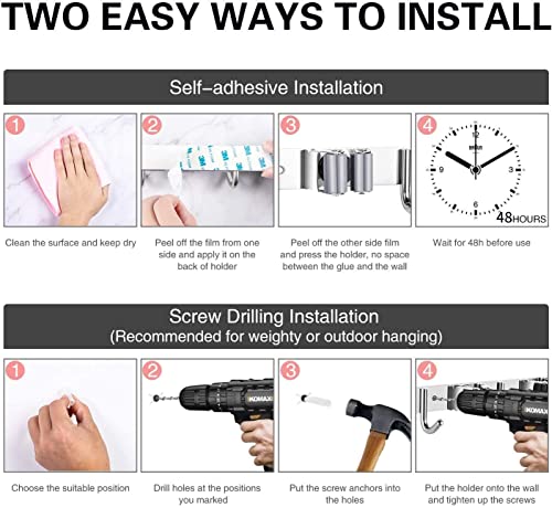 Broom Mop Holder, Wall Mounted Heavy Duty Stainless Steel Storage Rack Organization Tools, Kitchen Garden Garage Or Bathroom Organization and Storage (3 Clip 4 Hook)