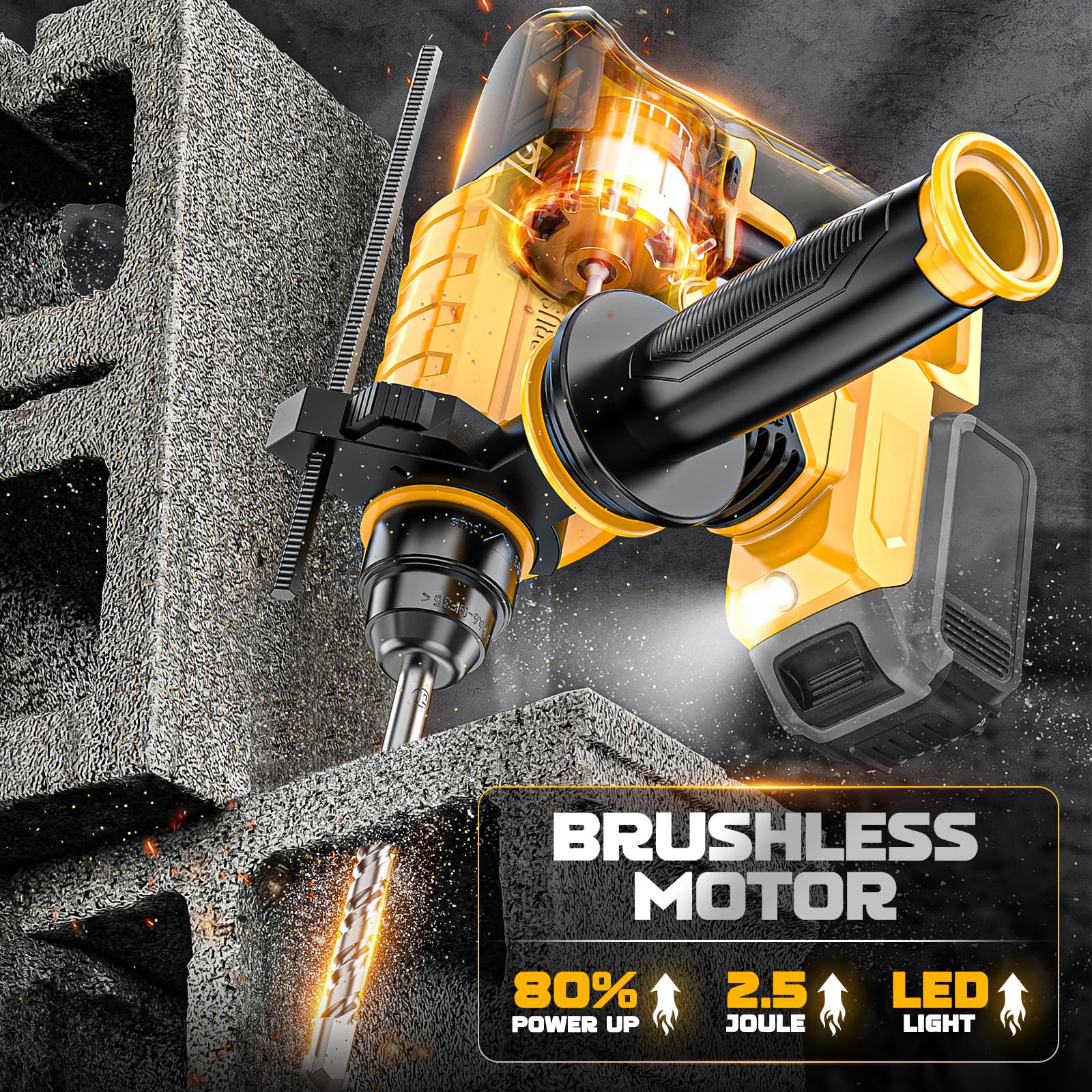 Cordless Rotary Hammer Drill for DeWalt 20V Battery: Brushless 1 Inch SDS Hammer Drill for Concrete - 4 Mode - 2.5 Joules -1500 RPM - with 360° Auxiliary Handle and 4 Drill Bits, Tool Only