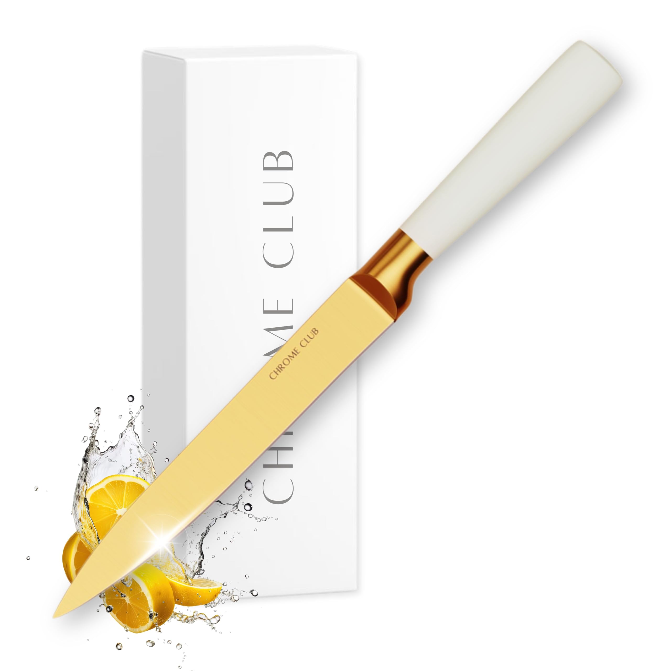 CHROME CLUB 5 inch Utility Knife - Stainless Steel White and Gold Paring Knife Best for Kitchen Vegetables and Fruit - Utility Knife Kitchen with Ergonomic Silicone Handle for Extra Grip