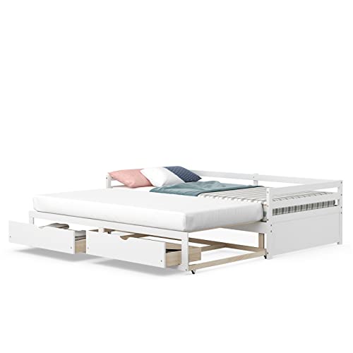 DORTALA Twin to King Daybed with Trundle and 2 Storage Drawers, Modern Extendable Daybed with Pull Out Bed Twin, Dual-use Sofa Bed for Bedroom, Guest Room, Living Room, No Box Spring Required, White