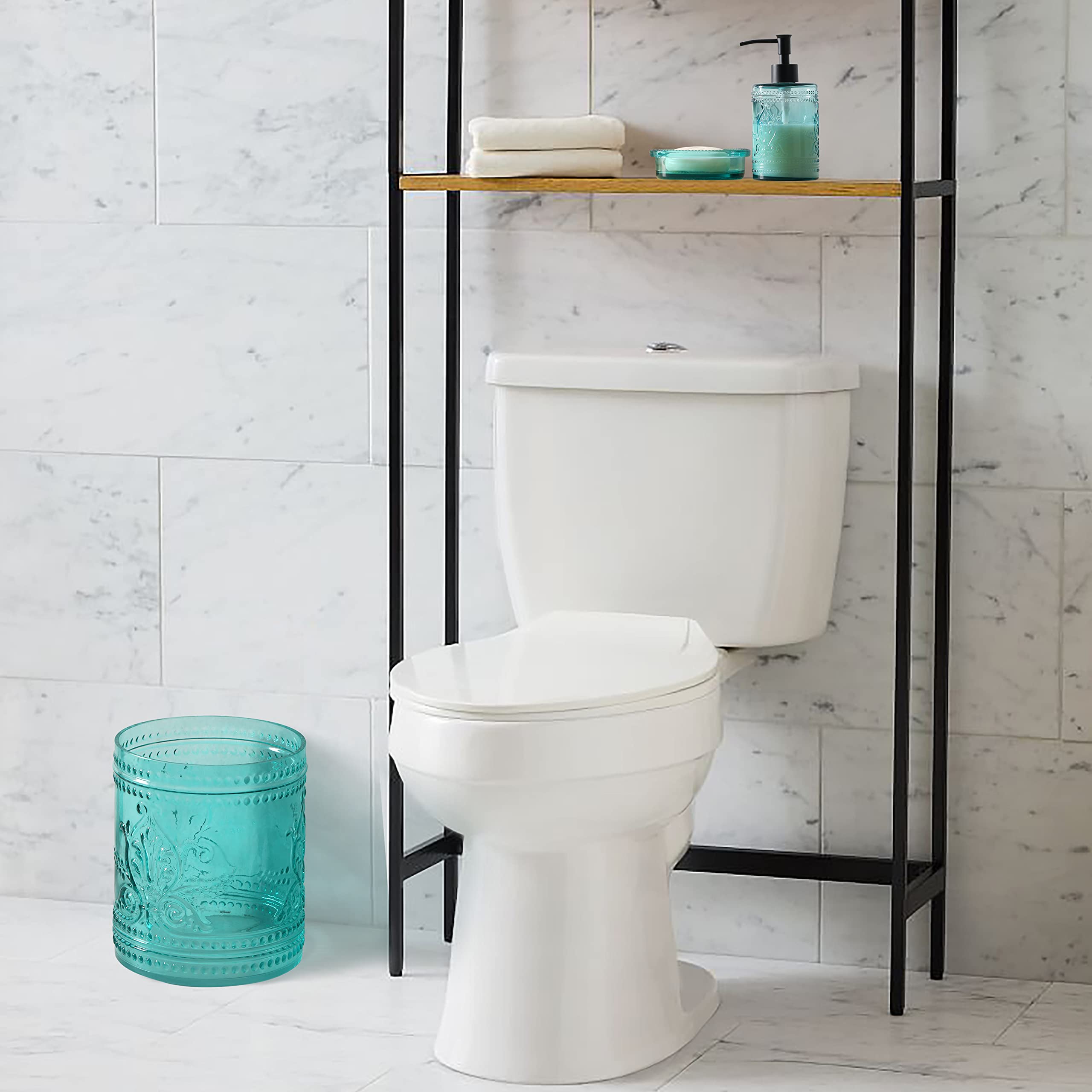 KMwares Glass Decorative Toilet Bowl Cleaner Brushes and Holde/Wastebasket for Bathroom Accessories Storage/Organization/Decoration- Teal Blue (Brush and Holder and Wastebasket)