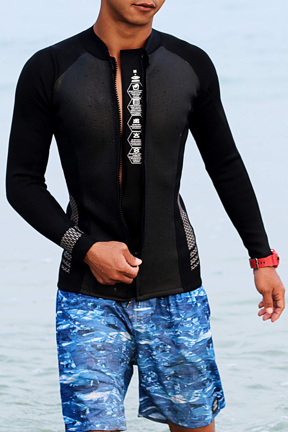 AXESEA Men's Wetsuit Top Long Sleeve 2mm Neoprene Surf Jacket Front Zipper Diving Suit for Swimming,Snorkeling,Scuba Diving,Surfing