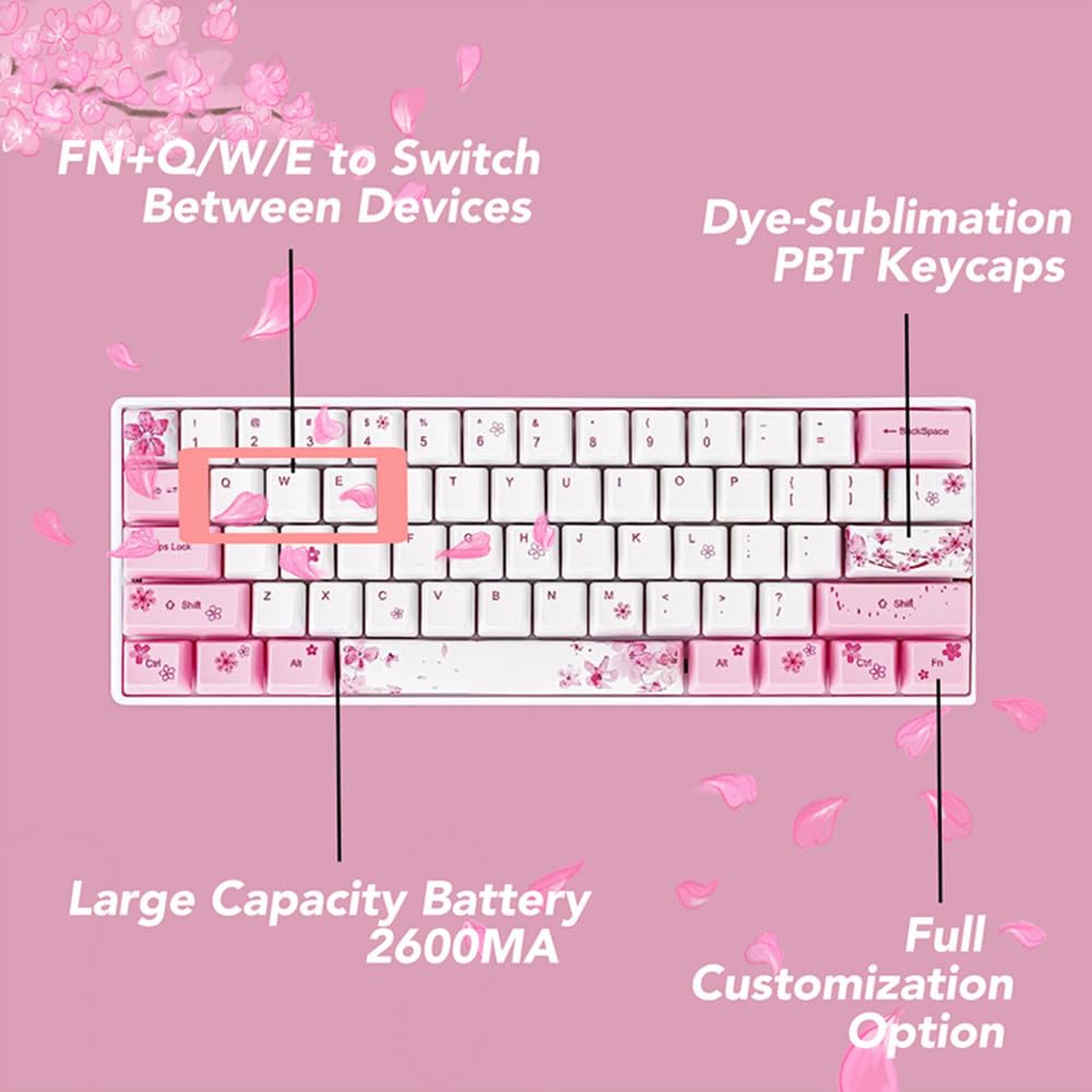 Manbala ZMX Cherry Blossom 61 Mechanical Keyboard,60%Compact Mechanical 61Keys 5.0Bluetooth/Type-C Wired Dual-Mode RGB Backlit Five-Sided Sublimation PBT Keycap Gaming Keyboard (Brown Switch, Pink)