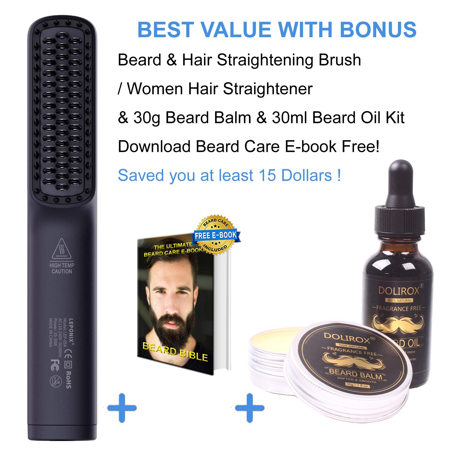 Beard Straightener Heated Beard Brush,Ionic Hair Beard Straightener Brush w/Free Beard Growth Oil/Beard Balm/E-Book Men Hair Straightener Beard Comb Beard Grooming kit for men Dad Him