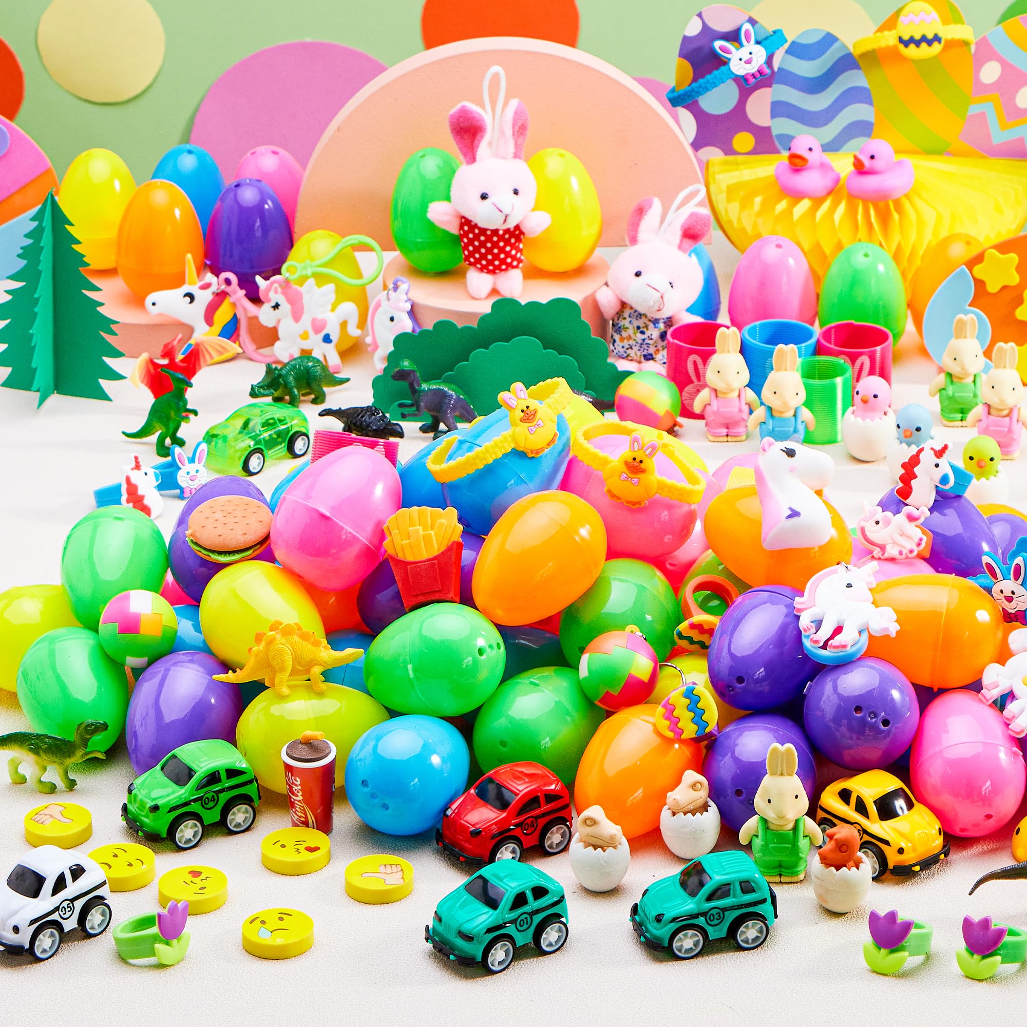 JOYIN 100 Pcs Prefilled Easter Eggs with Toys Plus Stickers, Filled Easter Eggs with Toys Party Favors for Kids Boys Girls Easter Eggs Hunt, Easter Basket Stuffers Fillers,Classroom Prize Supplies