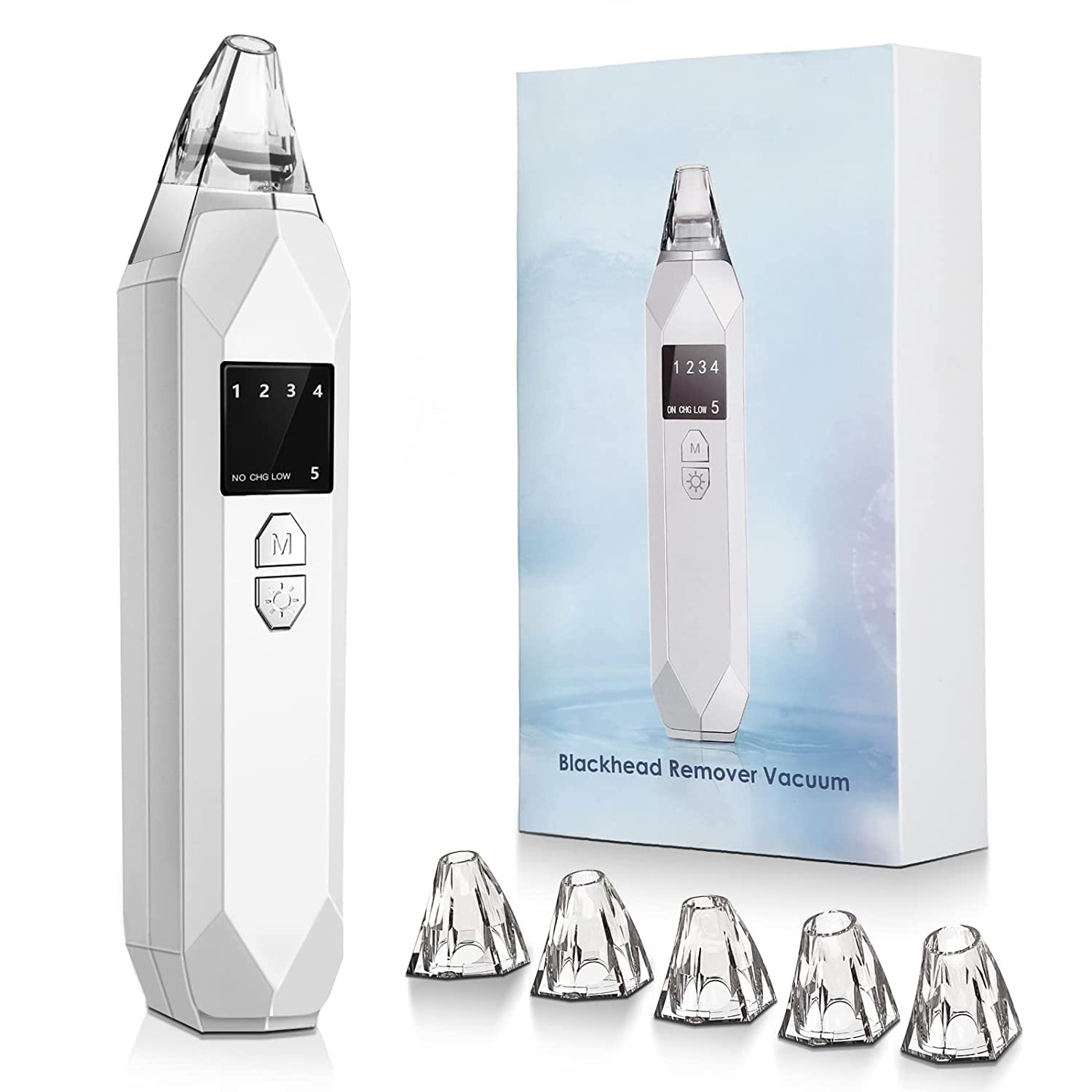 Blackhead Remover Facial Pore Vacuum Cleaner Comedone Extractor, USB Rechargeable LED Display Whitehead Extractions Kit Tool with 5 Replaceable Suction Heads & 5 Modes for Men & Women