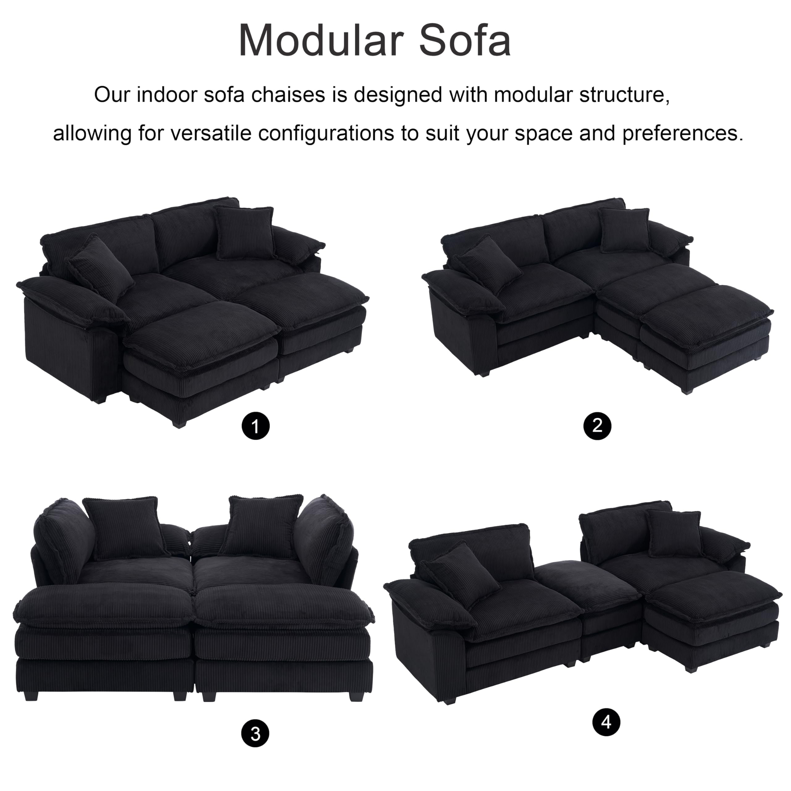 Corduroy Overstuffed Double Chaise Lounge, Oversized Modular 2 Seats Sofa Ottomans & Pillows,Comfy Deep Seat Cloud Couch for Living Room Bedroom Nursery (Black)