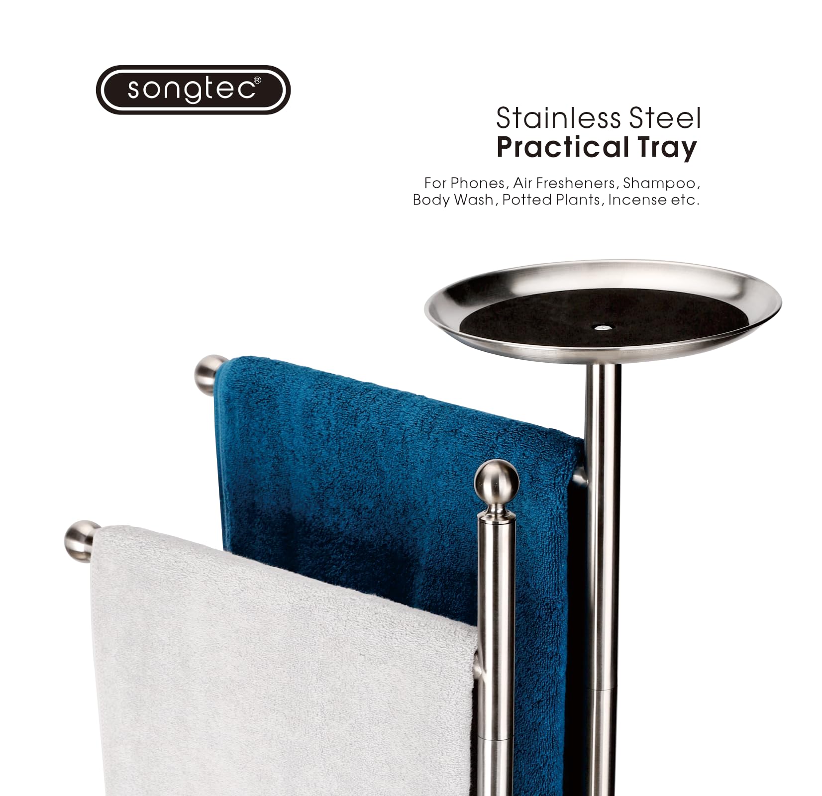 Songtec Towel Rack Stand for Bathroom, 2-Tier Towel Holder Stand for Bath Towels Max to 68β & 60β Long, Practical Shelf on Top for Phone, Shampoo, Body Wash
