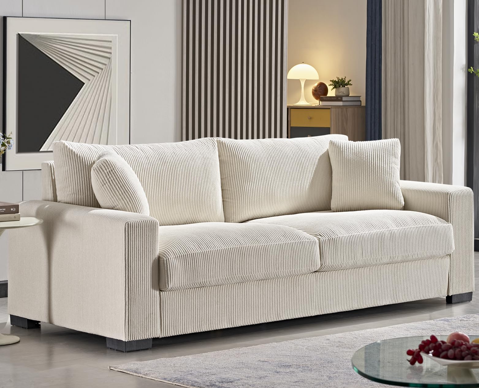 Container Furniture Direct Luxe Corduroy Sofa with 2 Toss Pillows, Spacious and Comfortable 3 Seater Couch for Modern Living Room, Ideal for Entertainment and Cozy Moments, 89" Wide, Beige