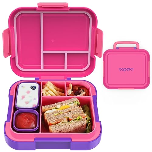 Caperci Bento Lunch Box for Kids - Large 4.8 Cups Lunch Container with 2 Modular Containers - 4 Compartments, Leak-Proof, Portable Handle, Microwave/Dishwasher Safe (Fuchsia/Purple)
