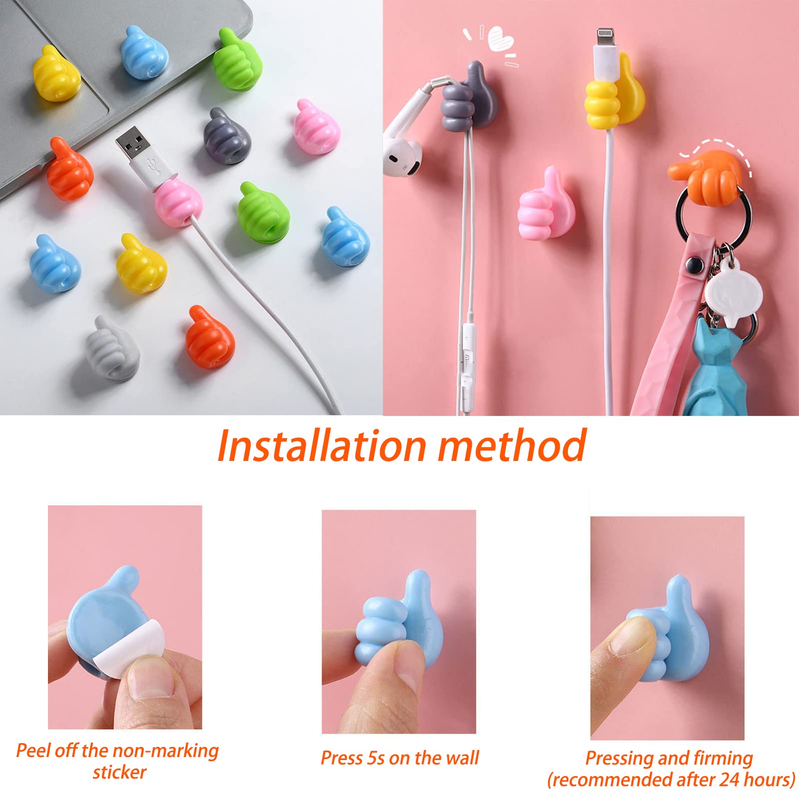 feliposi 24pcs Thumb Hooks - Thumbs up Wall Hook Self Adhesive Silicone Thumb Wall Hooks Adhesive Cable Clip for Storage Cable,Headphone,Plug