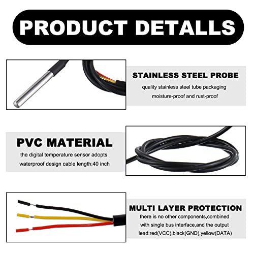 BOJACK DS18B20 1M Temperature Sensor Temperature Probe Stainless Steel Package Waterproof(Pack of 2 Pcs)