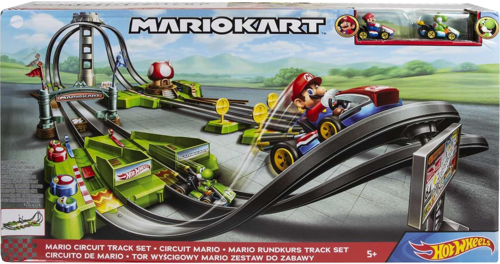 Hot Wheels Mario Kart Circuit Track Set & 2 Toy Vehicles, Racing Playset Includes Booster, Plus Mario & Yoshi Karts (Amazon Exclusive)