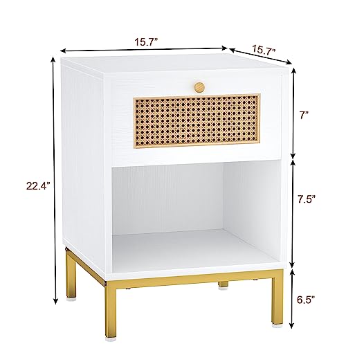 Ecoprsio Nightstands Set of 2 for Bedroom, Boho Bed Side Table with Storage Drawer, Mid-Century Modern Night Stand with Wood Finish and Rattan Drawer, End Table, Sofa Couch Side Table - White