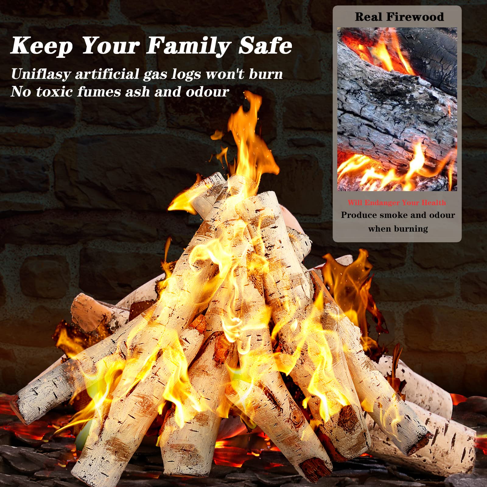 Uniflasy 26.8" Gas Fireplace Log Set, Ceramic White Birch for Intdoor Inserts, Vented, Propane, Electric Gas Fireplaces, Outdoor, Linear Fire Pits Ceramic Fiber Fake Wood Logs, Fireplace Decor, 6pcs