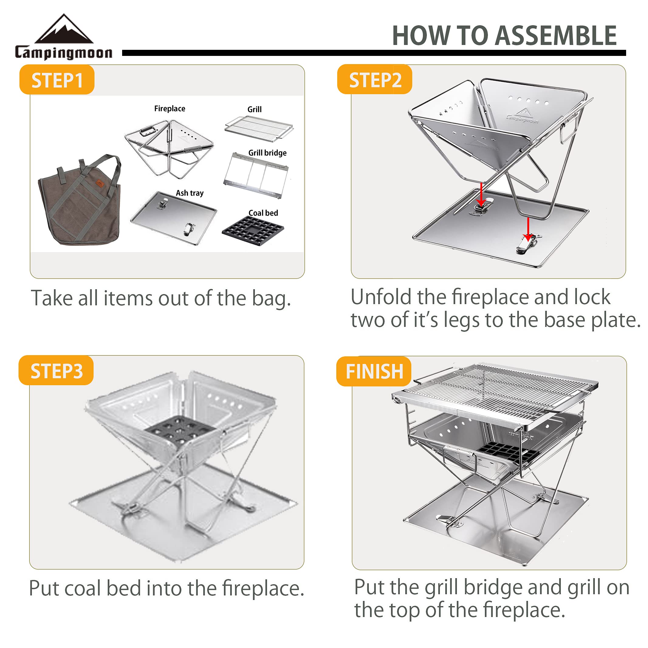 CAMPINGMOON 3-in-1 Portable Stainless Steel Wood Burning Grill and Fire Pit 16x18-inch with Carrying Bag MT-045