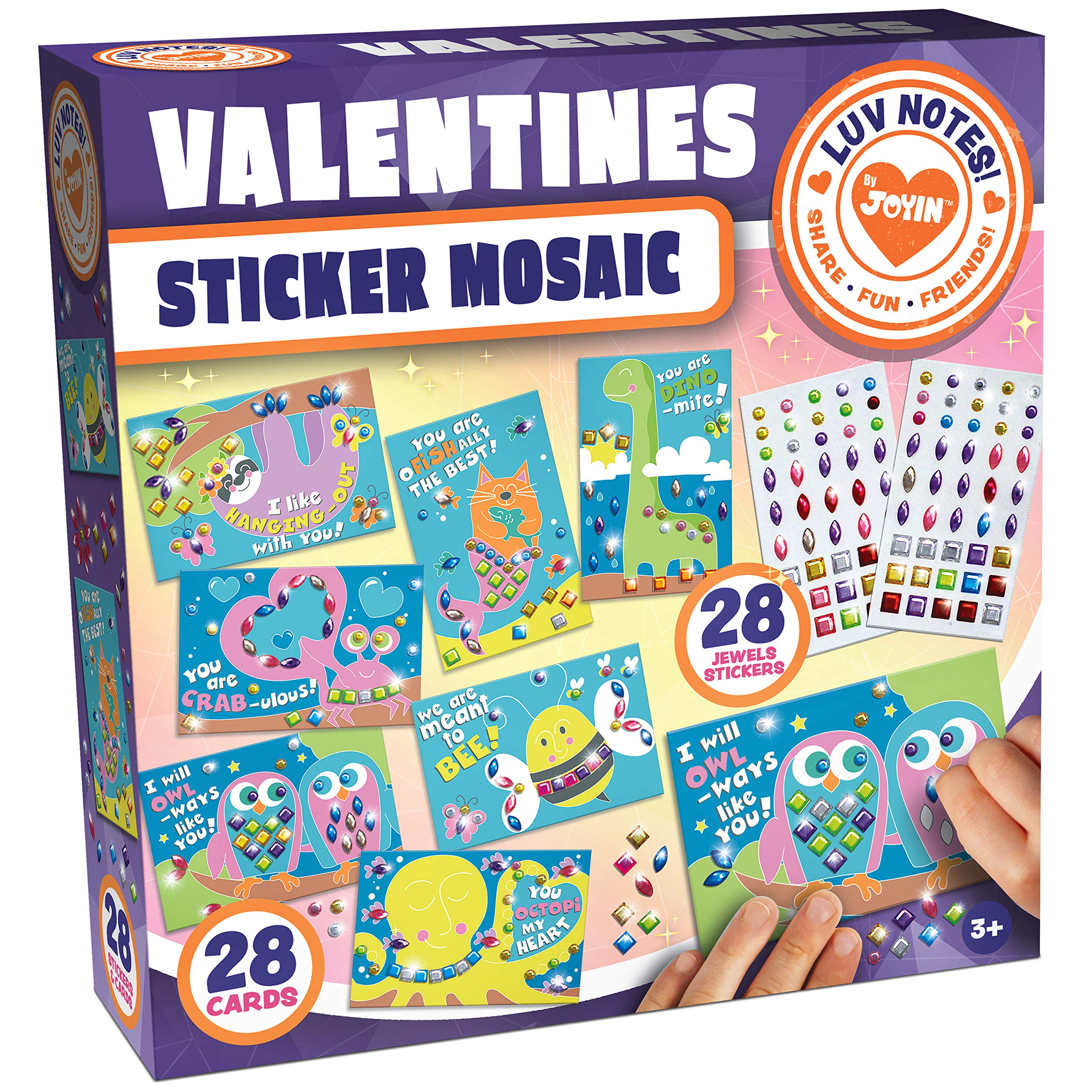 JOYIN 28 Packs Valentine Cards with Mosaic Crystal Gem Sticker Art Kits for Kids Valentine's Day DIY Craft Jewels Valentines Day Classroom Exchange Prizes and Gifts, Valentine’s Greeting Cards