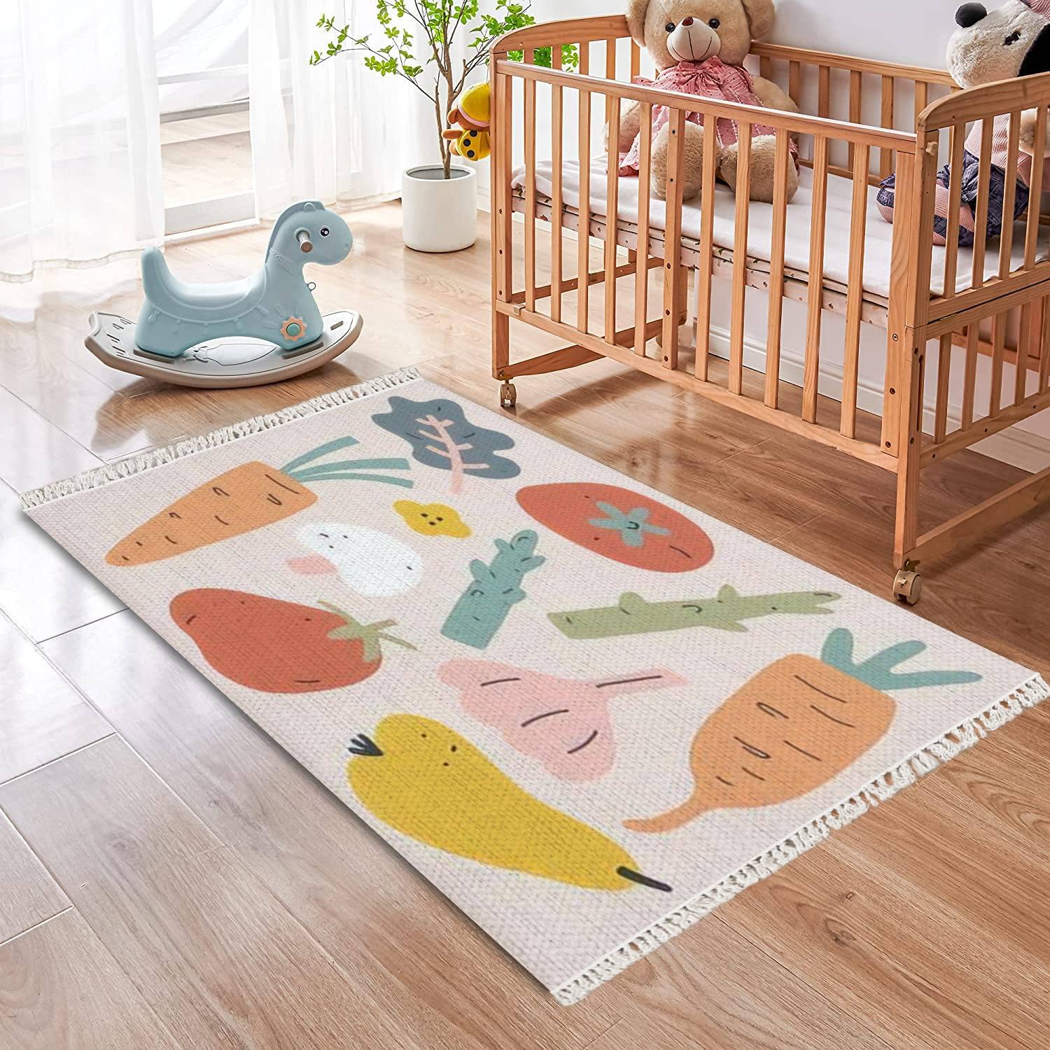 Boho Area Rug Vegetables Collection Set Illustrations Veggies Fruit Trendy Earthy Play Mat Runner Carpet Minimalist Room Decor Indoor Outdoor Woven Rug Entryway Laundry Room Bedroom Rug 3x5'
