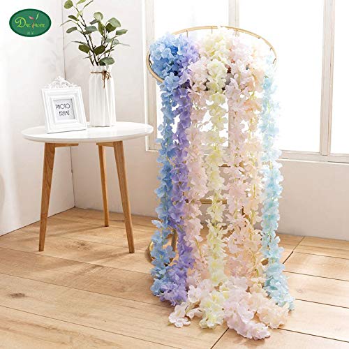 Homcomoda 4PC Artificial Silk Hydrangea Flower Hanging Wisteria Cattleya Vine Garland Each 200 Flower Spray Arrangements for Wedding Wreath Home Garden Party Decor (Light Pink)