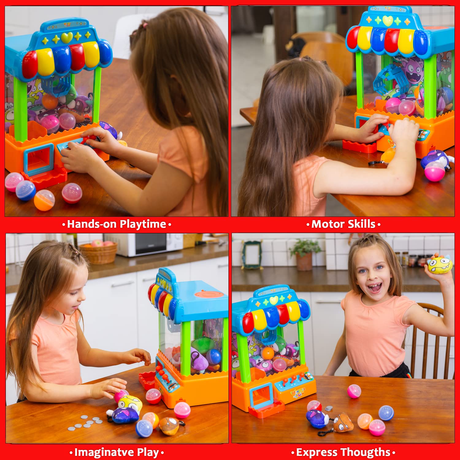 JOYIN 32Pcs Claw Machine Toys with Lights & Sounds, Mini Arcade Machine with 10 Plush Animal Characters and 8 Capsules, Electronic Claw Game Vending Grabber Machine for Kids Birthday Gift