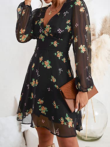 CUPSHE Women's Mini Dress Floral Print Chiffon Flowy Dresses Long Sleeve Dress for Women